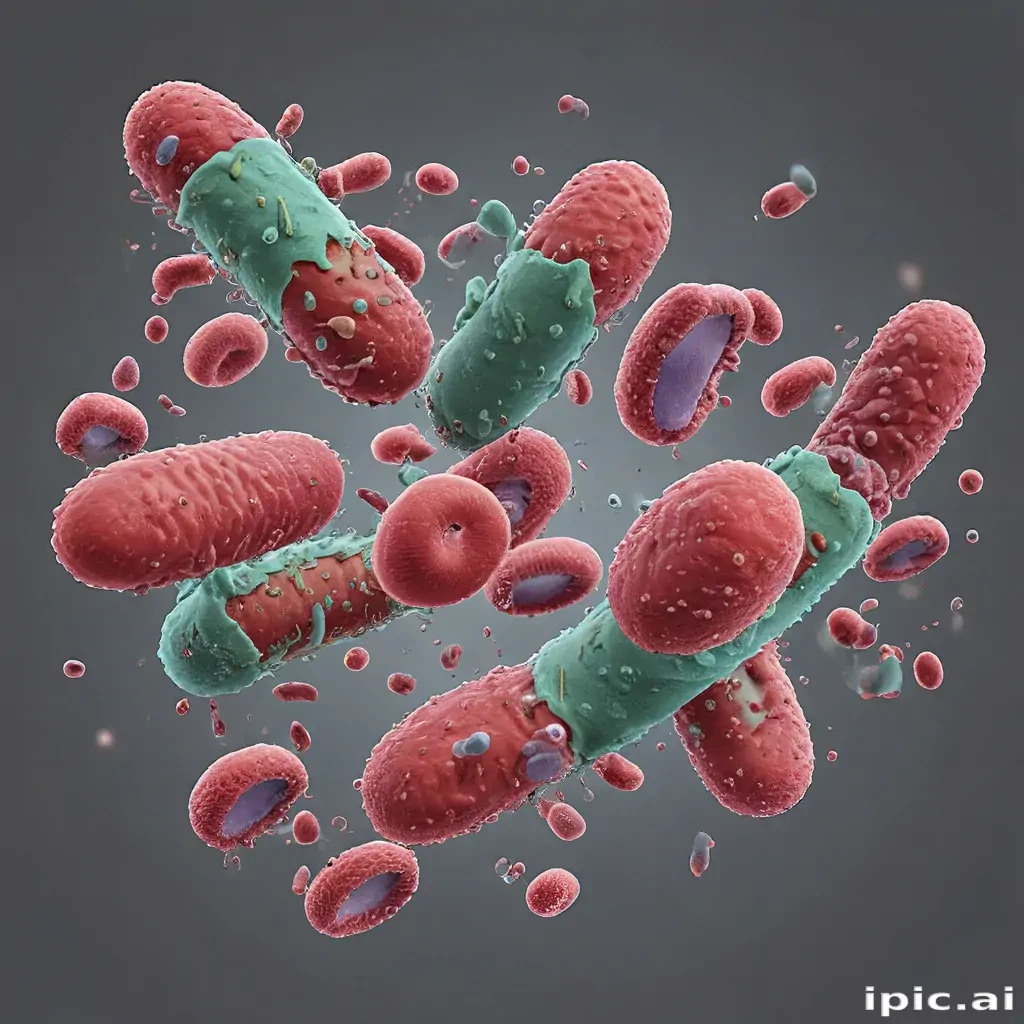 Microscopic View of Bacteria Interacting with Red Blood Cells in Detail