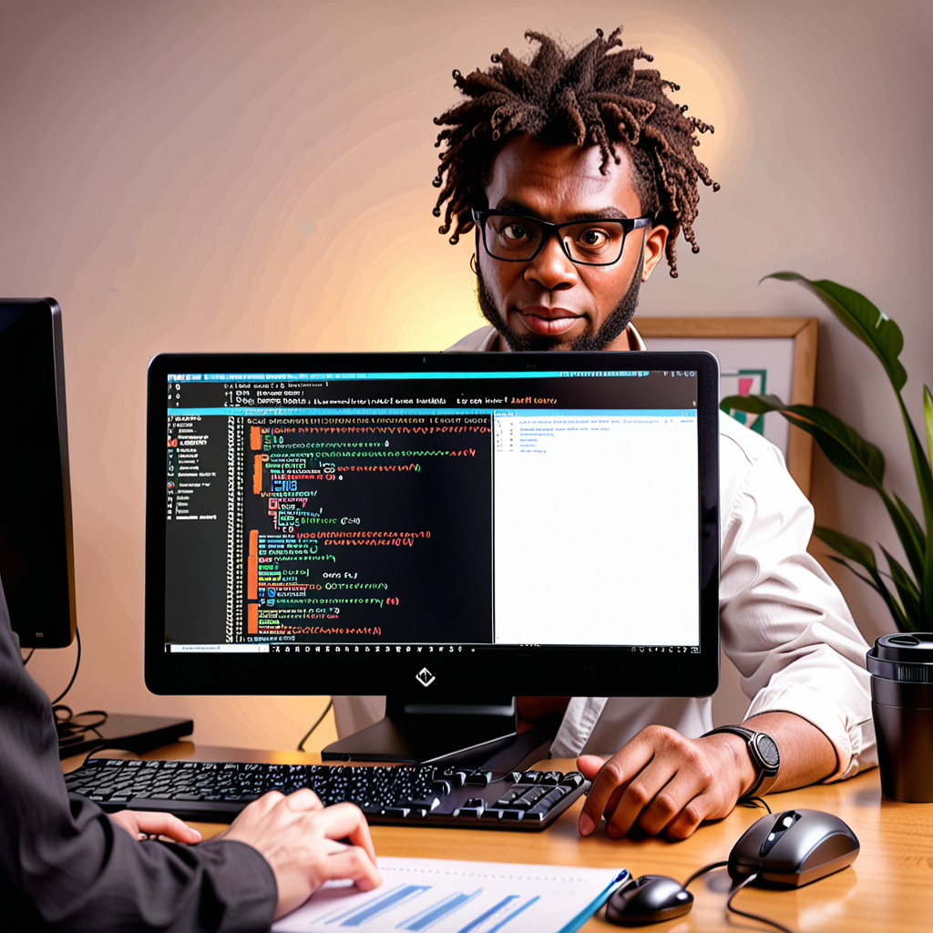 Professional Programmer Collaborating on Code with a Colleague in Office