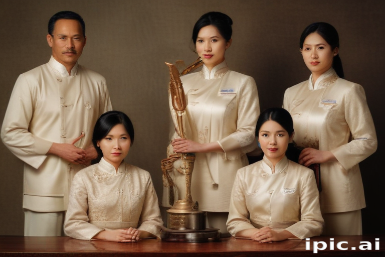 Formal Portrait of a Distinguished Group with an Award Trophy Display