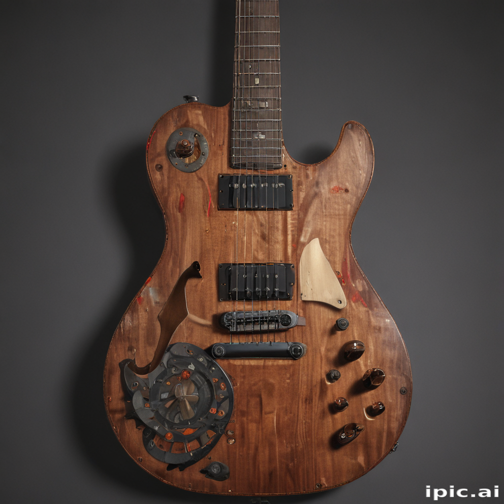 Unique Vintage Electric Guitar with Distressed Wood and Intricate Details