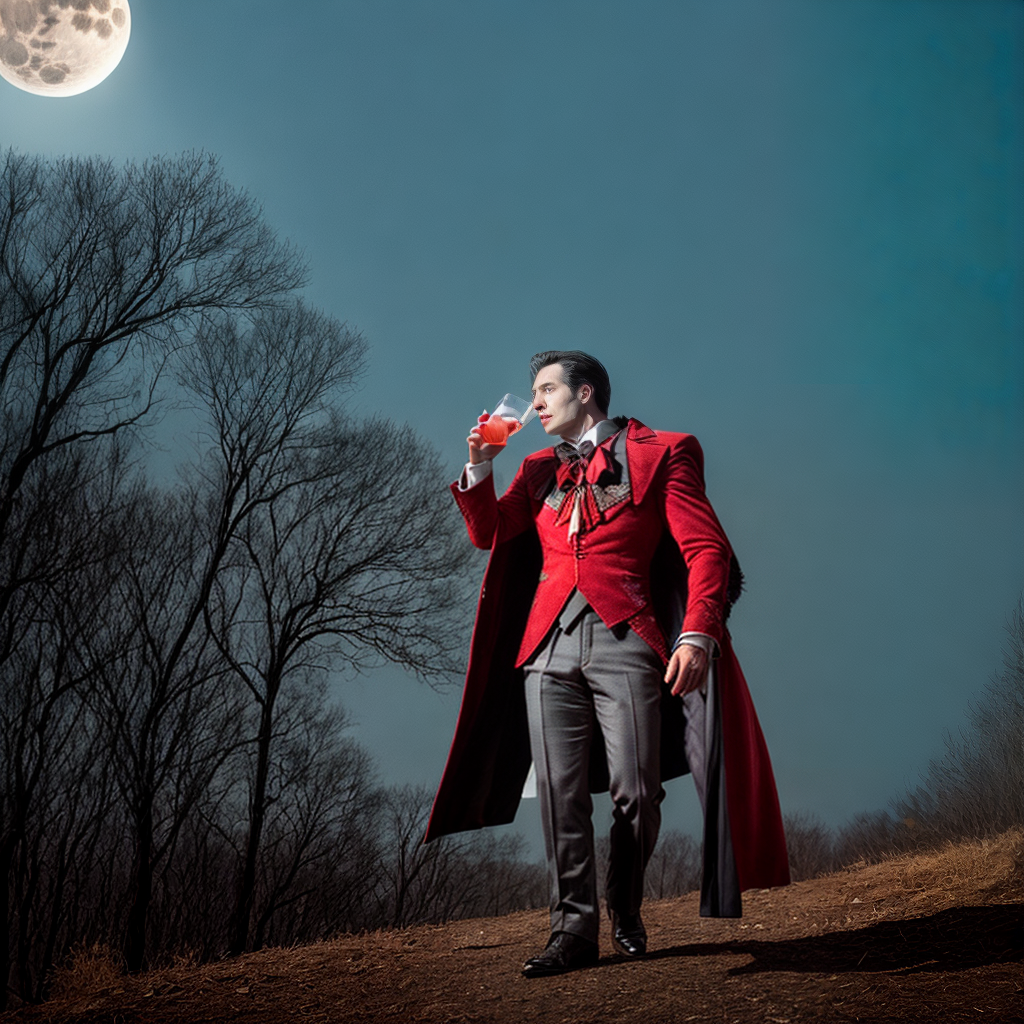 handsome vampire drinking blood by the full moon