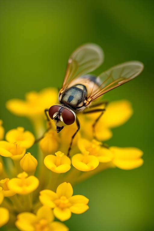Close-Up View of a Colorful Fly Pollinating Vibrant Yellow Flowers
