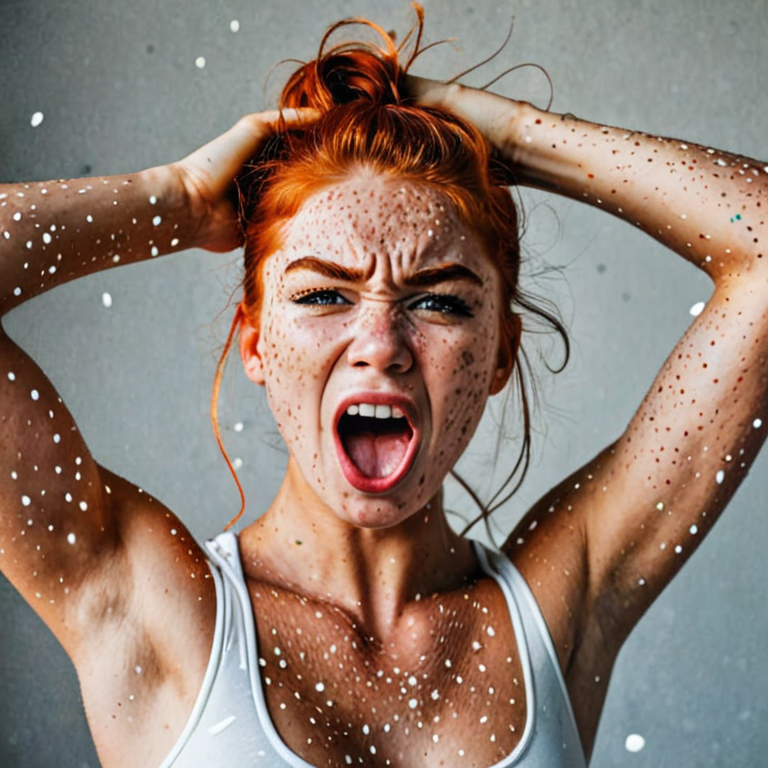 Angry women, arms up, armpit spot, 3d , flex, tongue out, freckles ...