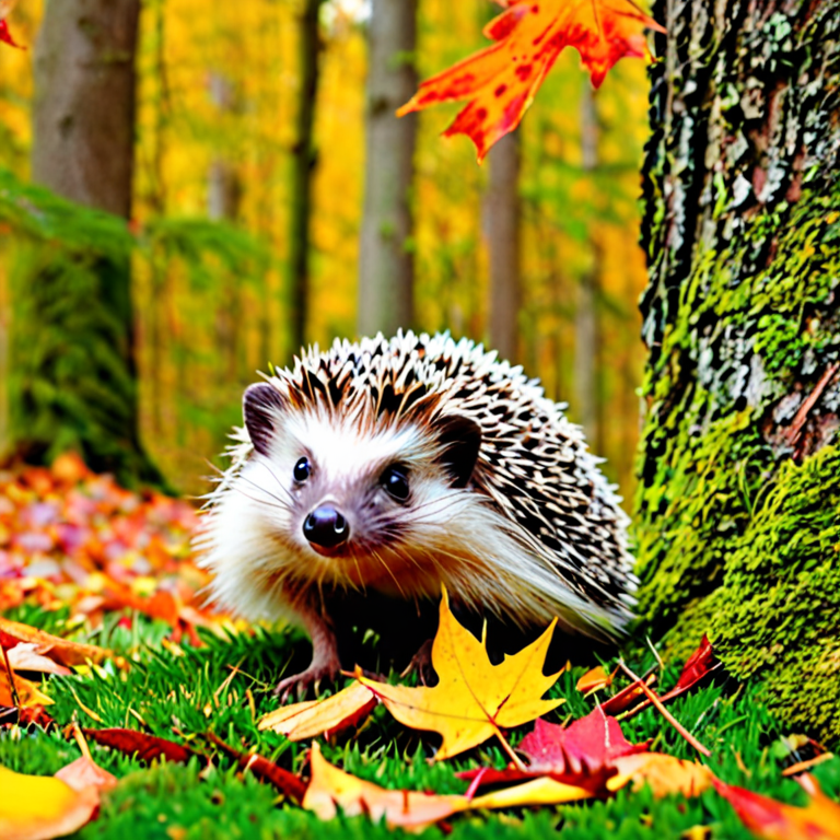 a hedgehog with autumn leaves and brances in the woods