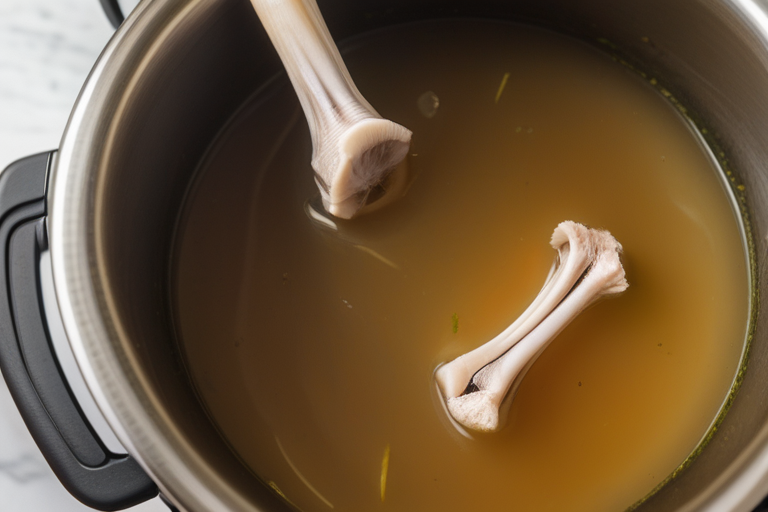 A Close-Up View of Bone Broth Simmering in a Pot.