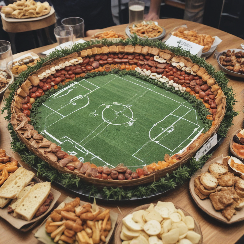 a soccer stadium made out of fancy appetizers
