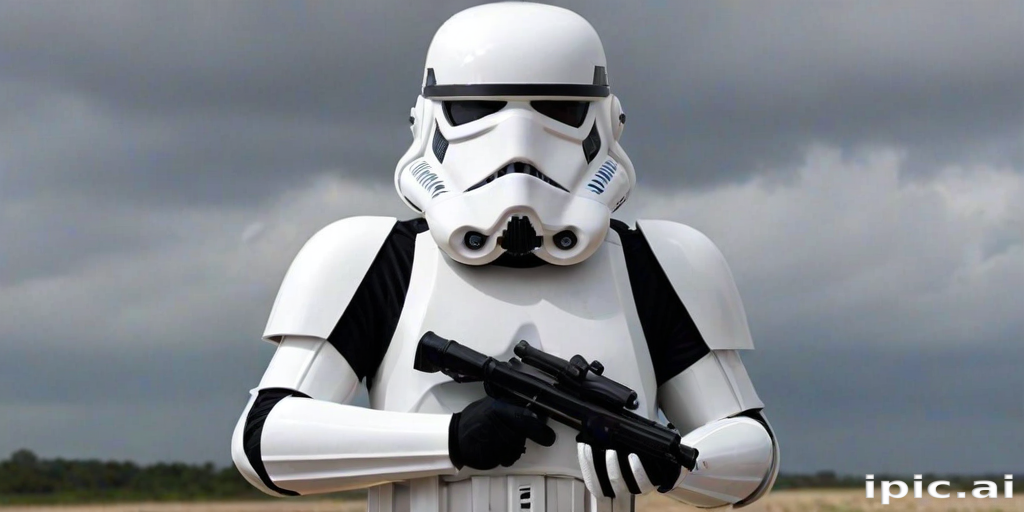 Stormtrooper in Full Armor Poses Dramatically Against a Cloudy Sky Background