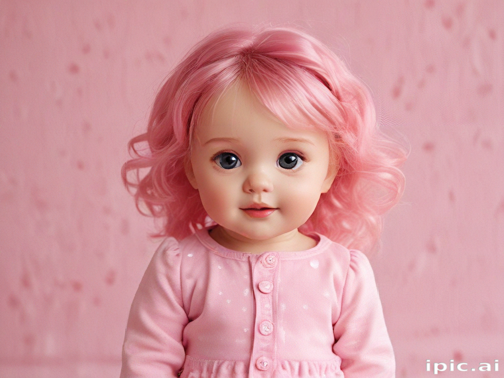 Adorable Porcelain Doll with Pink Hair Against a Soft Pink Background