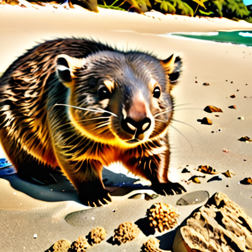 Wombat hugging a Manati by the beach, sunny day