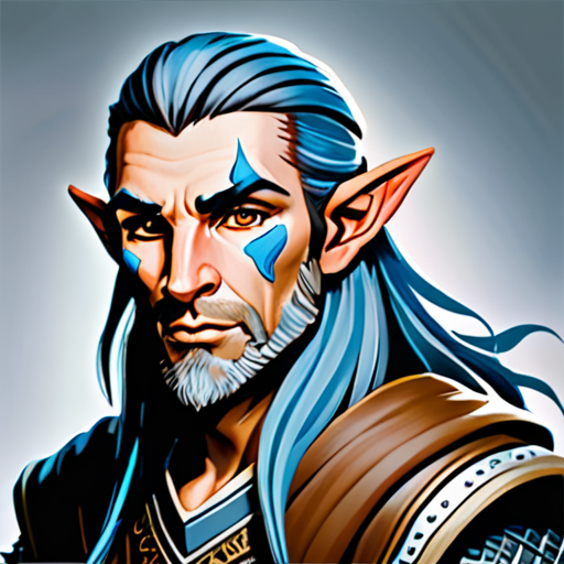 a firbolg from dnd, long swept back brown hair, light blueish skin, paladin