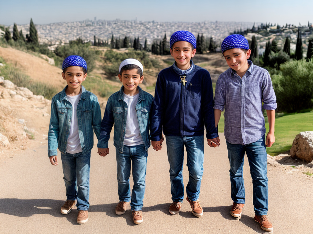 3 kids, one jewish with kippa, one christian with cross necklace and ...