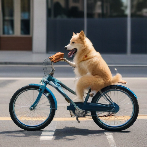 a scary dog eating a hot dog riding a bike with one wheel