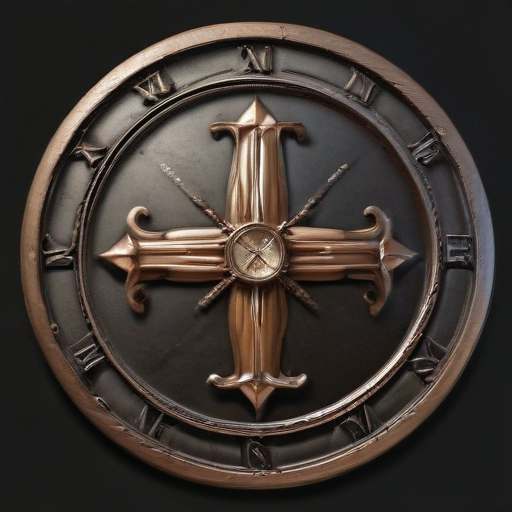 Intricate Bronze Shield with Cross Design and Compass Elements