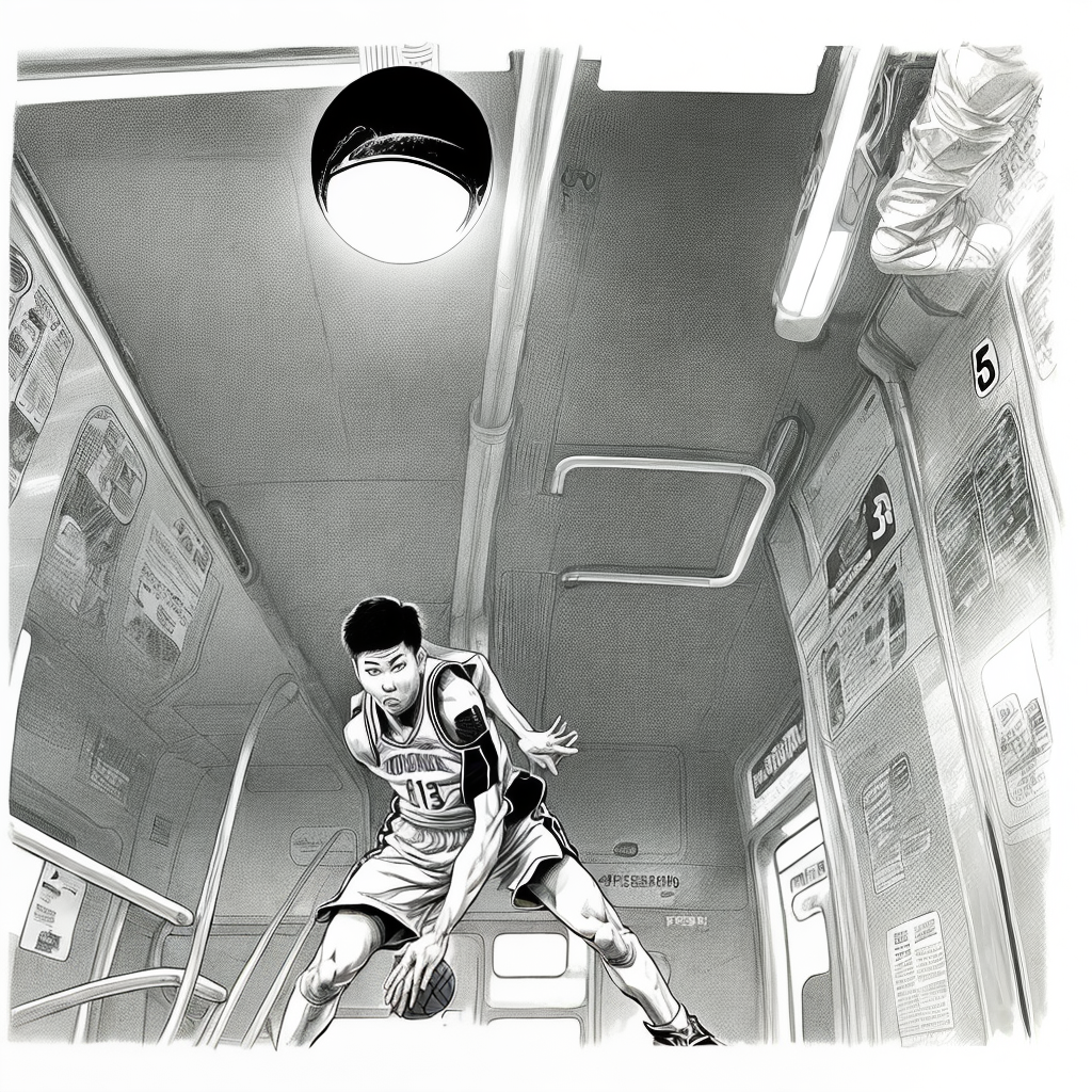 ONE PERSON ASIAN BASKETBALL PLAYER PLAY IN SUBWAY TRAIN. WIDE ANGLE ...