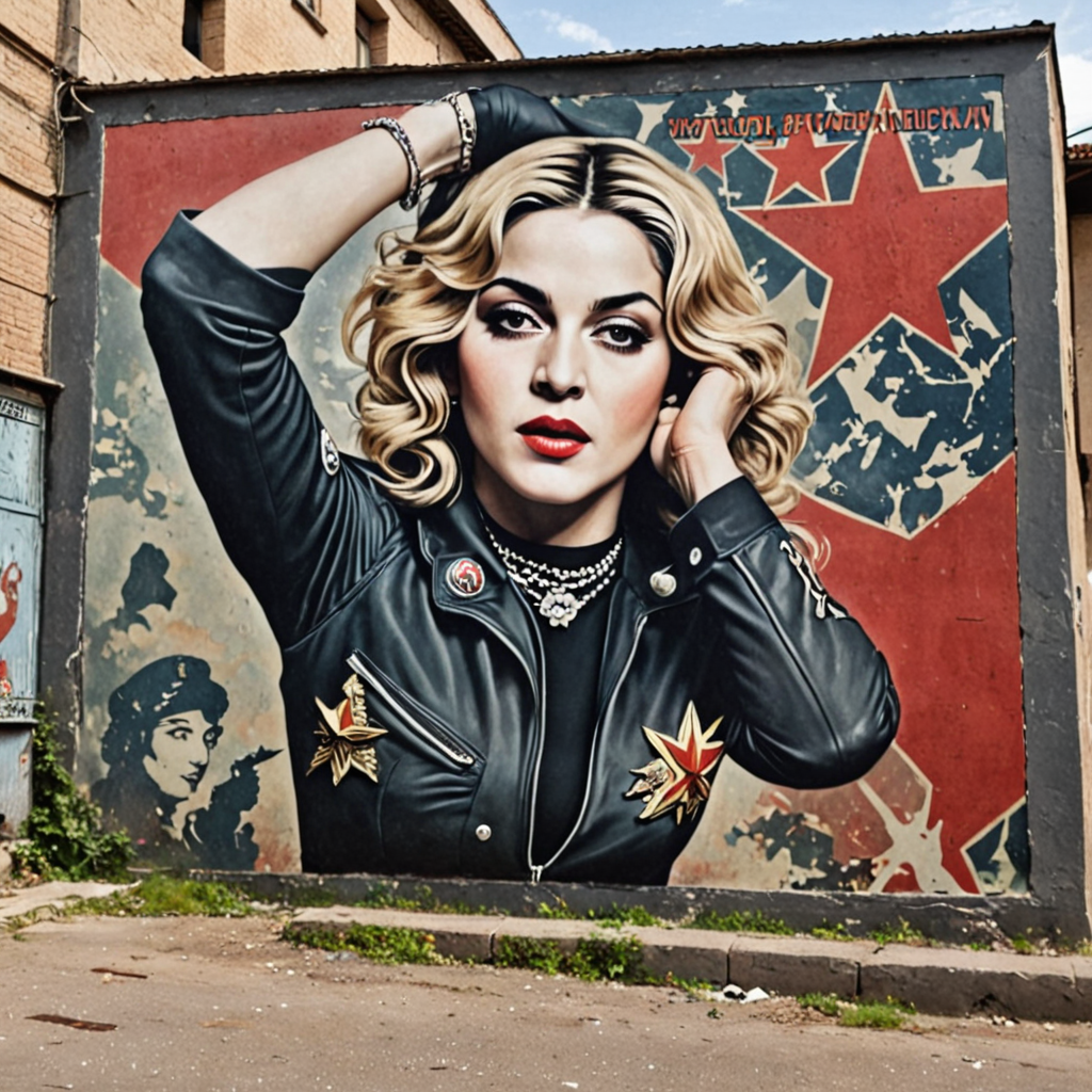 Soviet style military power propaganda mural featuring singer Madonna