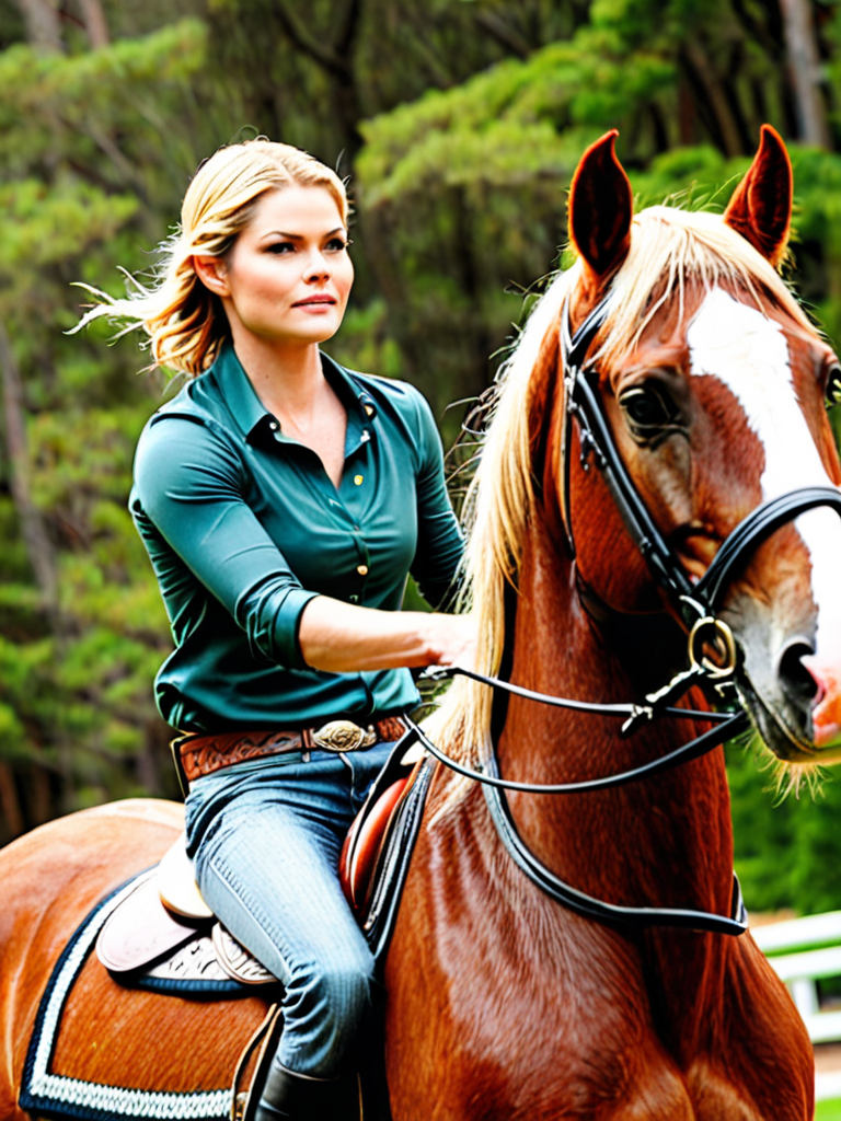Luke Mitchell riding a horse with Jennifer morrison