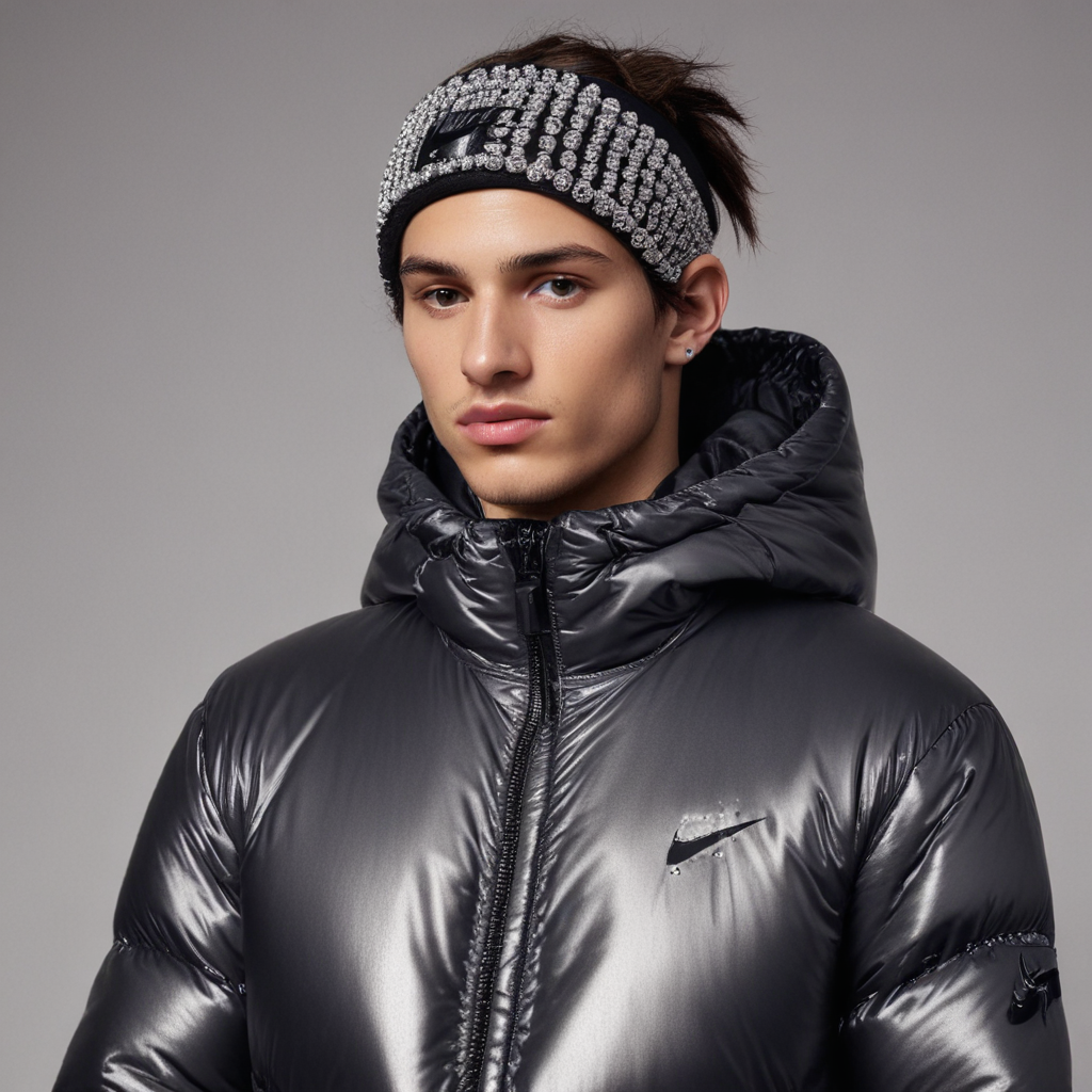 Male supermodel nike shiny puffer jacket bling jewellery hood headband