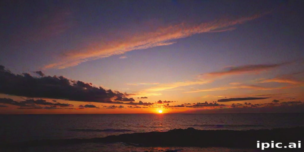 Stunning Sunset Over the Ocean with Colorful Clouds and Waves
