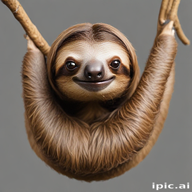 A Charming Sloth Smiling Joyfully While Hanging from a Branch.