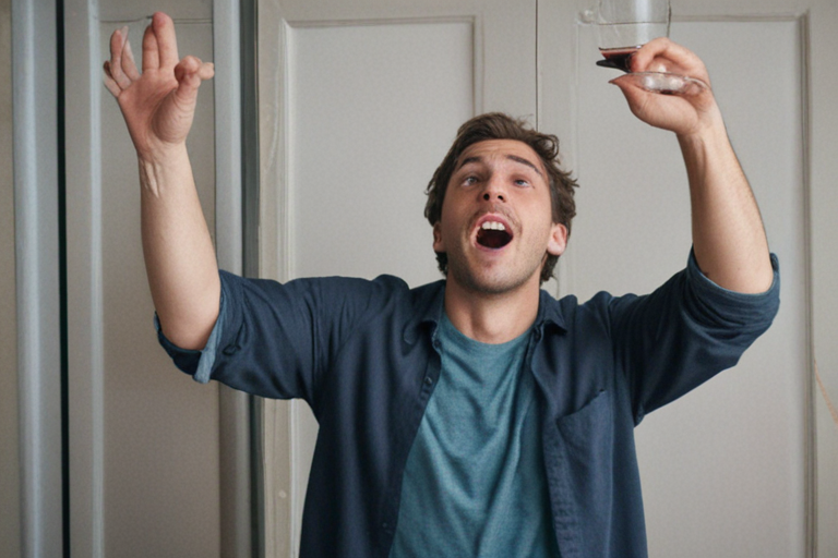 Person with wine in hand throwing up