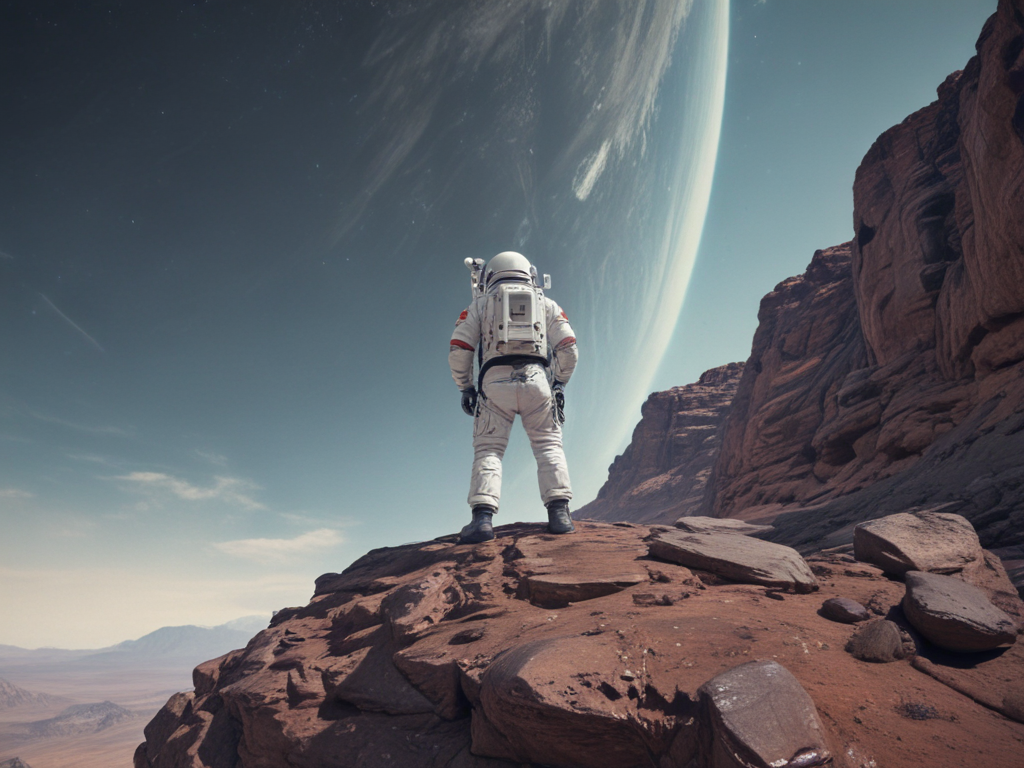 astronaut back side stand top on rock to seen planet spaceship fly sci ...