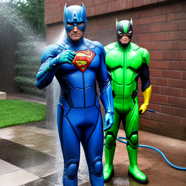 Super hero pressure washing. His suit has the letters "EC" on its front ...