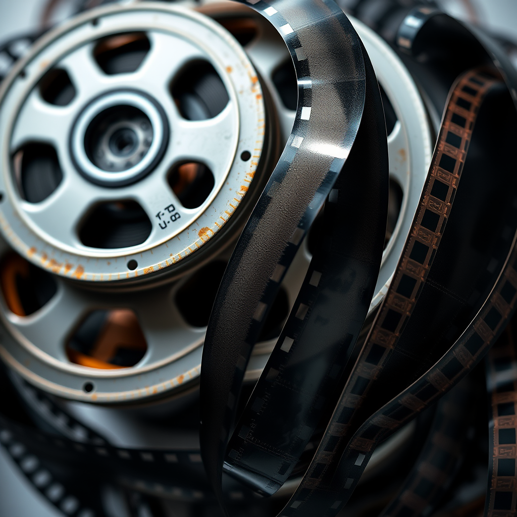 A Close-Up View of Vintage Film Reel Coils and Strips Entwined Together.