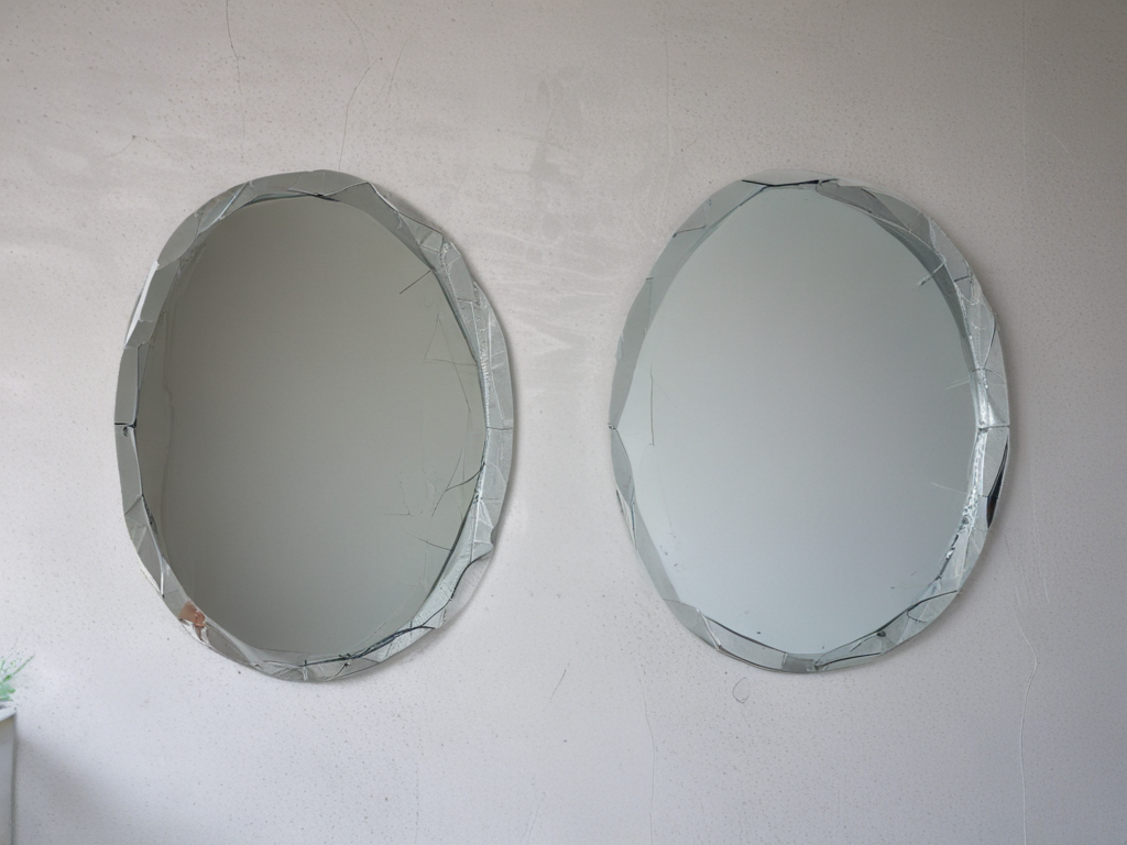 cracked mirrors facing each other plain background