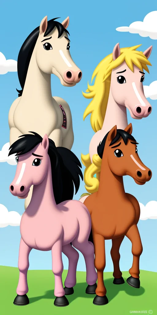 A Colorful Group of Cartoon Horses Against a Bright Blue Sky Background.