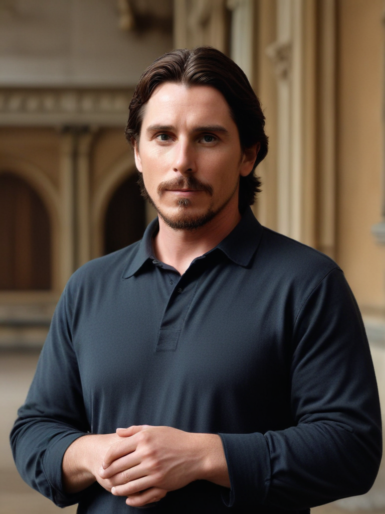 christian bale, full body, background wollaton hall