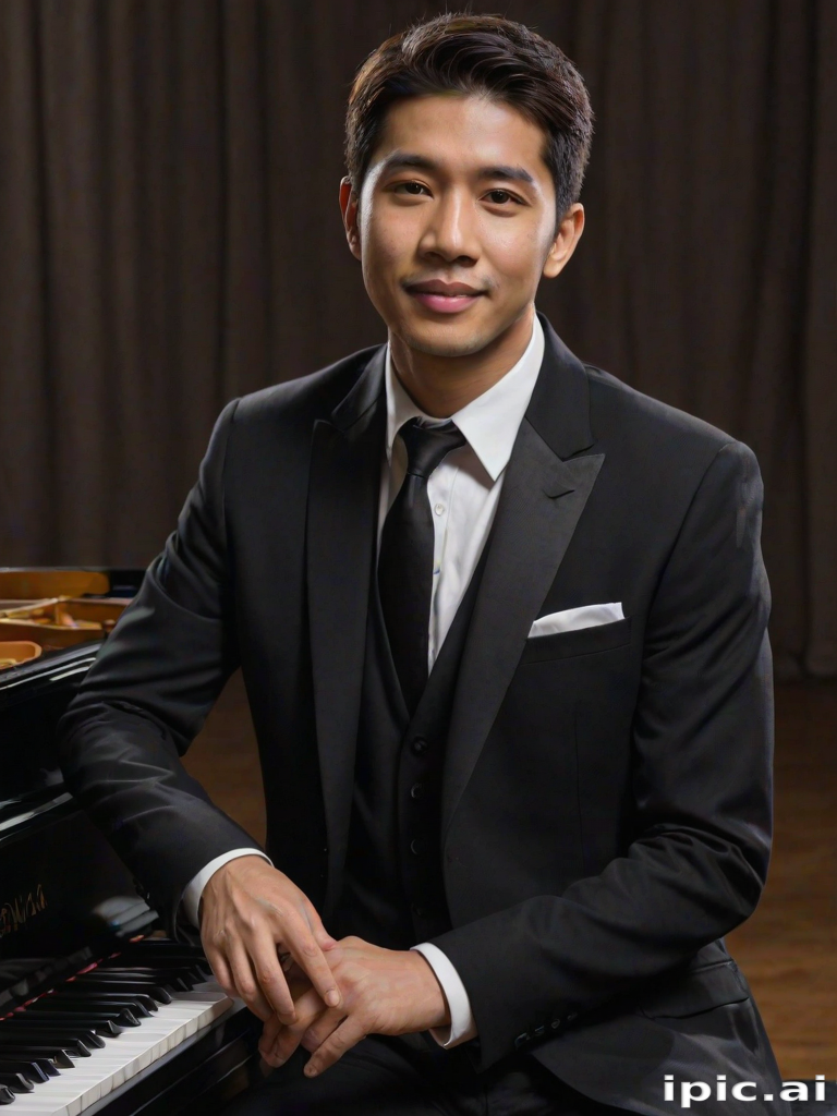 Elegant Pianist in Formal Attire Posing Confidently Beside Grand Piano