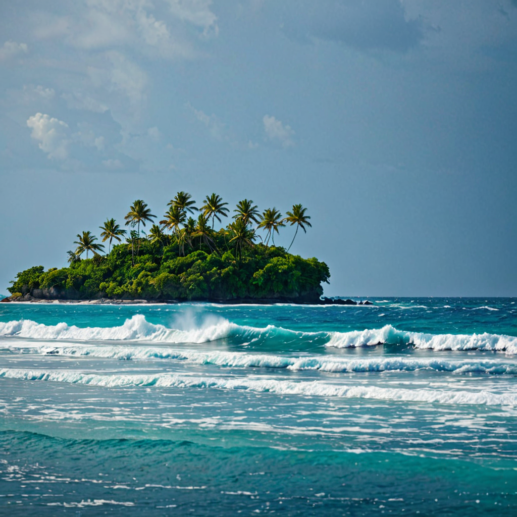Tropical island, rough sea, isolated, mysterious, horizon