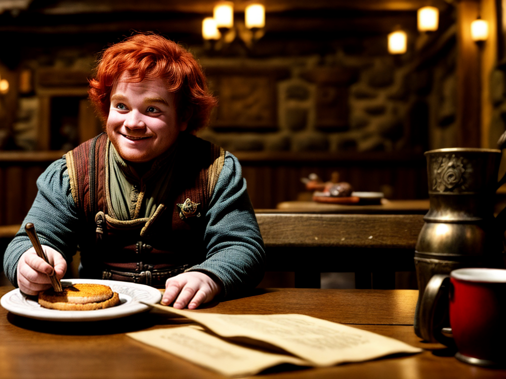 a qdulty red-haired halfling bard sitting at a table in a full medieval ...