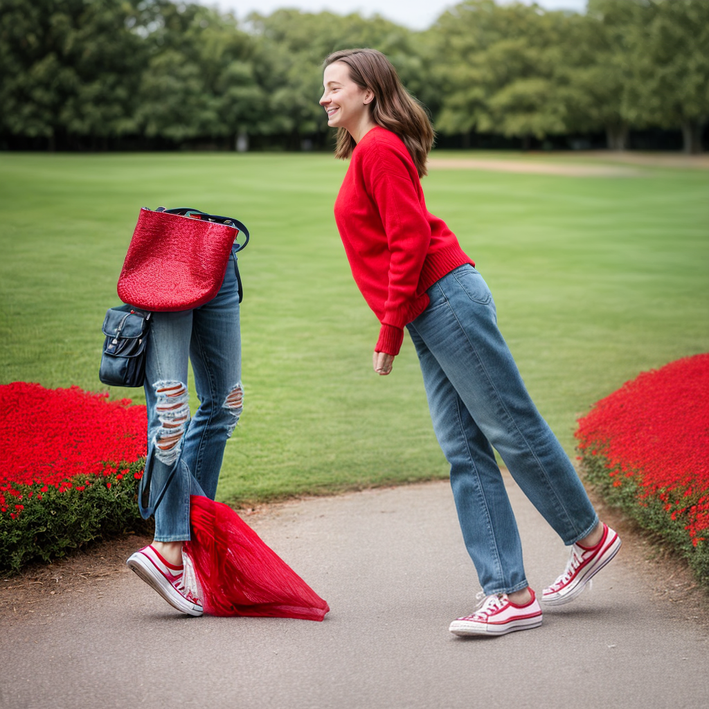 female dancing on red flowers with black and white converse shoes