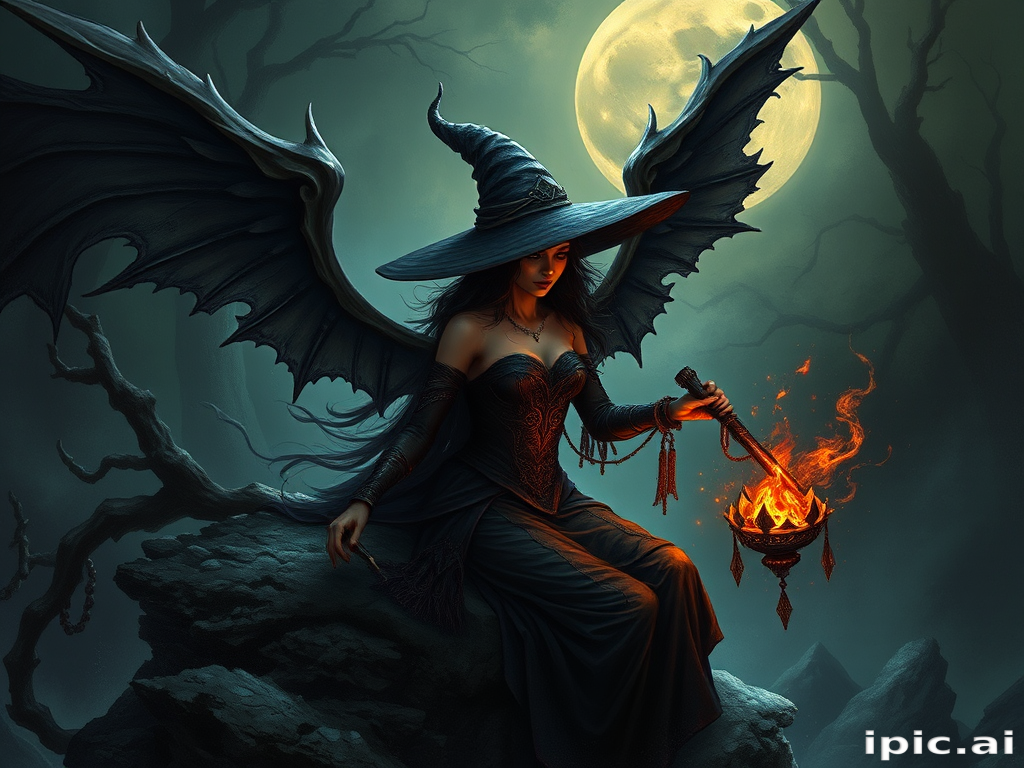 Enchanting Witch with Bat Wings Holding a Fiery Lantern Under the Full Moon
