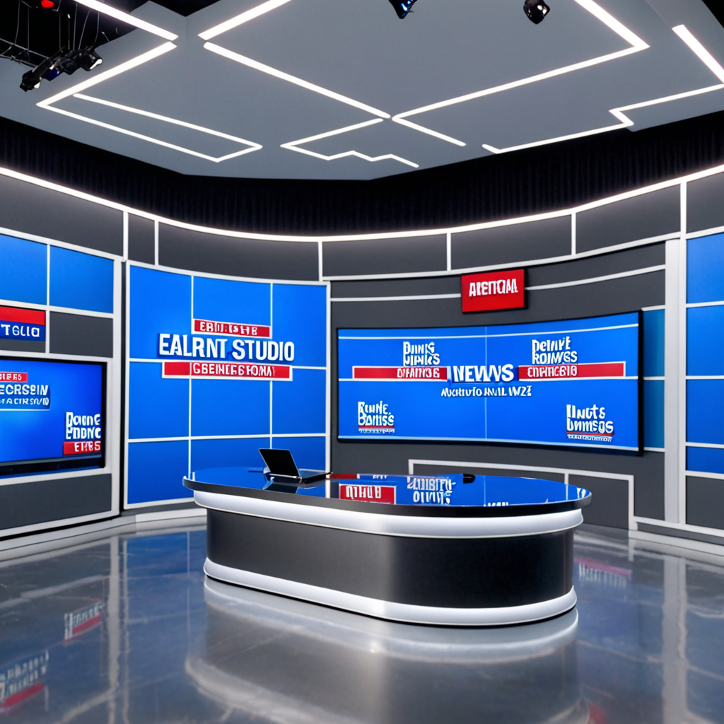3d news studio with big screen in the background