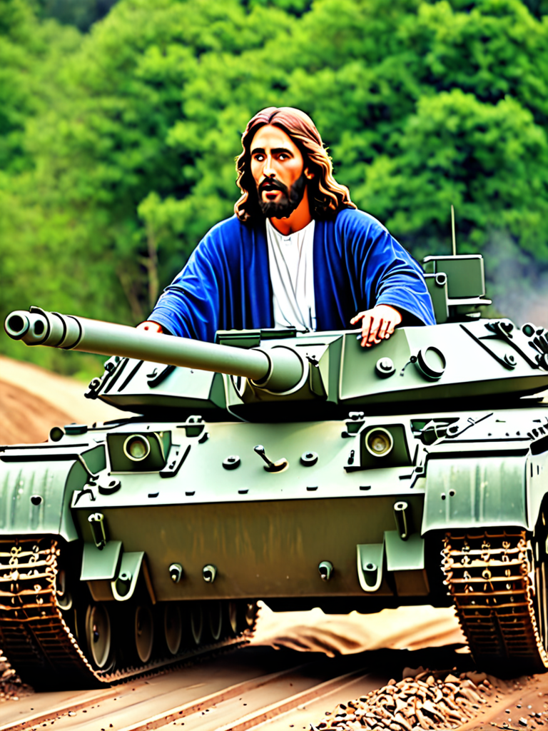 jesus driving a tank