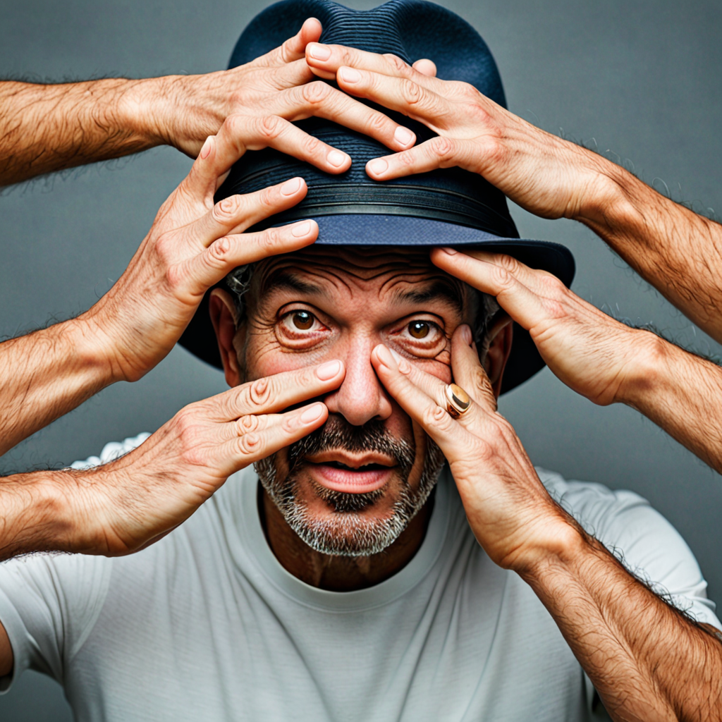 hat man with many hands on face