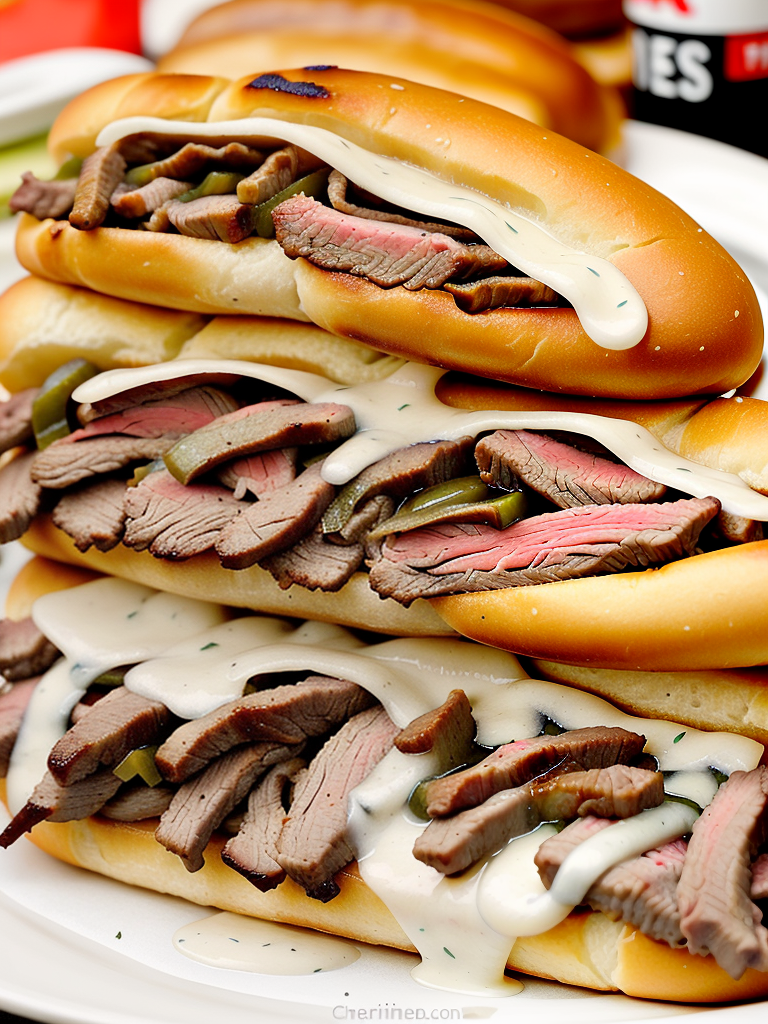 Deliciously Stacked Beef Sandwiches Topped with Creamy Sauce and Peppers.