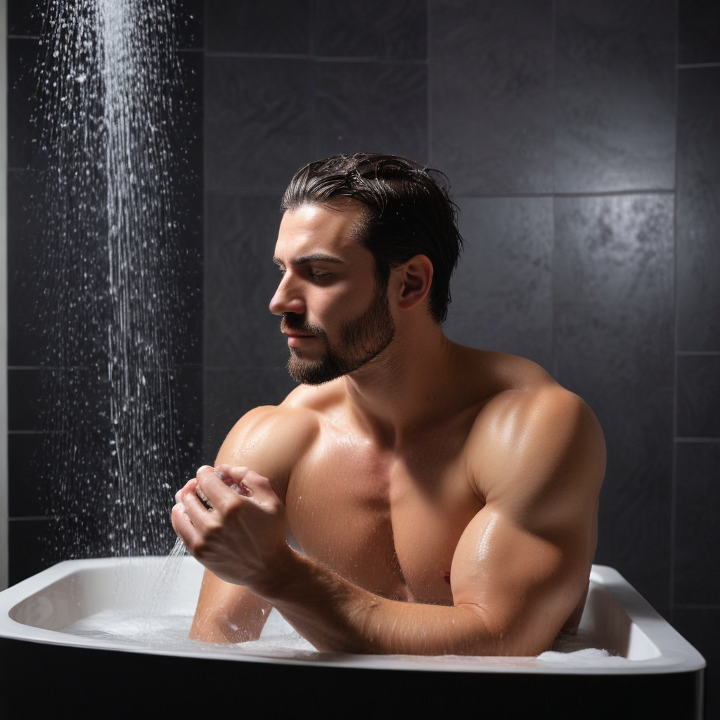 a muscular man washing himself in a black luxury bathroom, there's ...