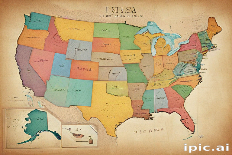 Colorful Vintage Map of the United States with State Borders and Names
