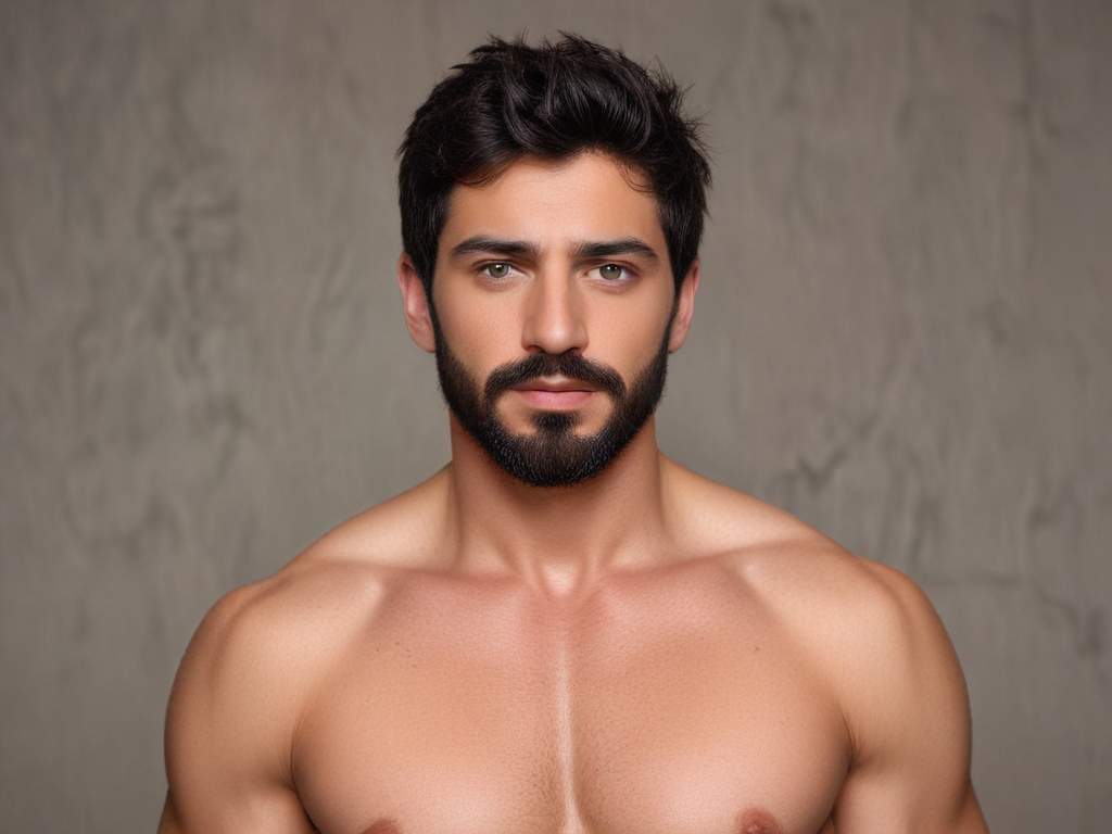Man standing broad shoulders toned muscled chest with thick black chest ...