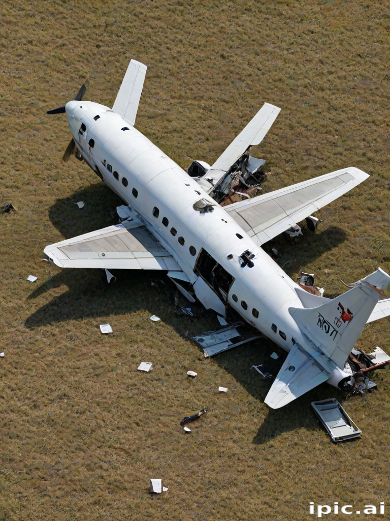 Aerial View of a Crashed Airplane on a Grass Field