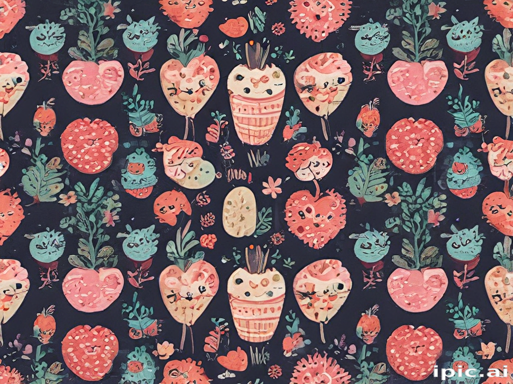 Whimsical Garden Pattern Featuring Cute Fruits, Vegetables, and Playful ...