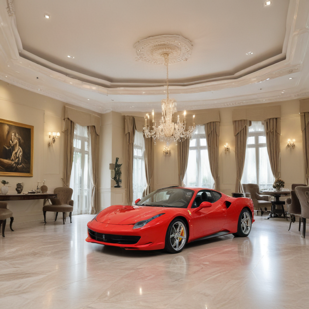 A new Ferrari car inside dining room of house!