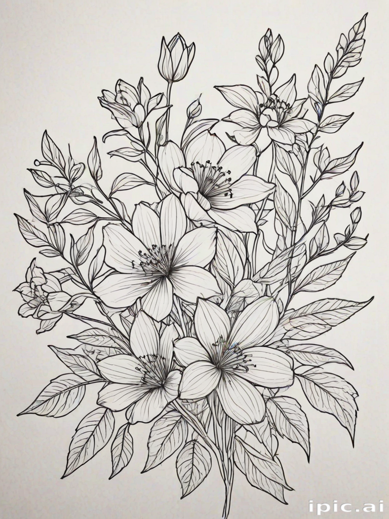 Intricate Line Drawing of a Beautiful Floral Bouquet with Various Flowers