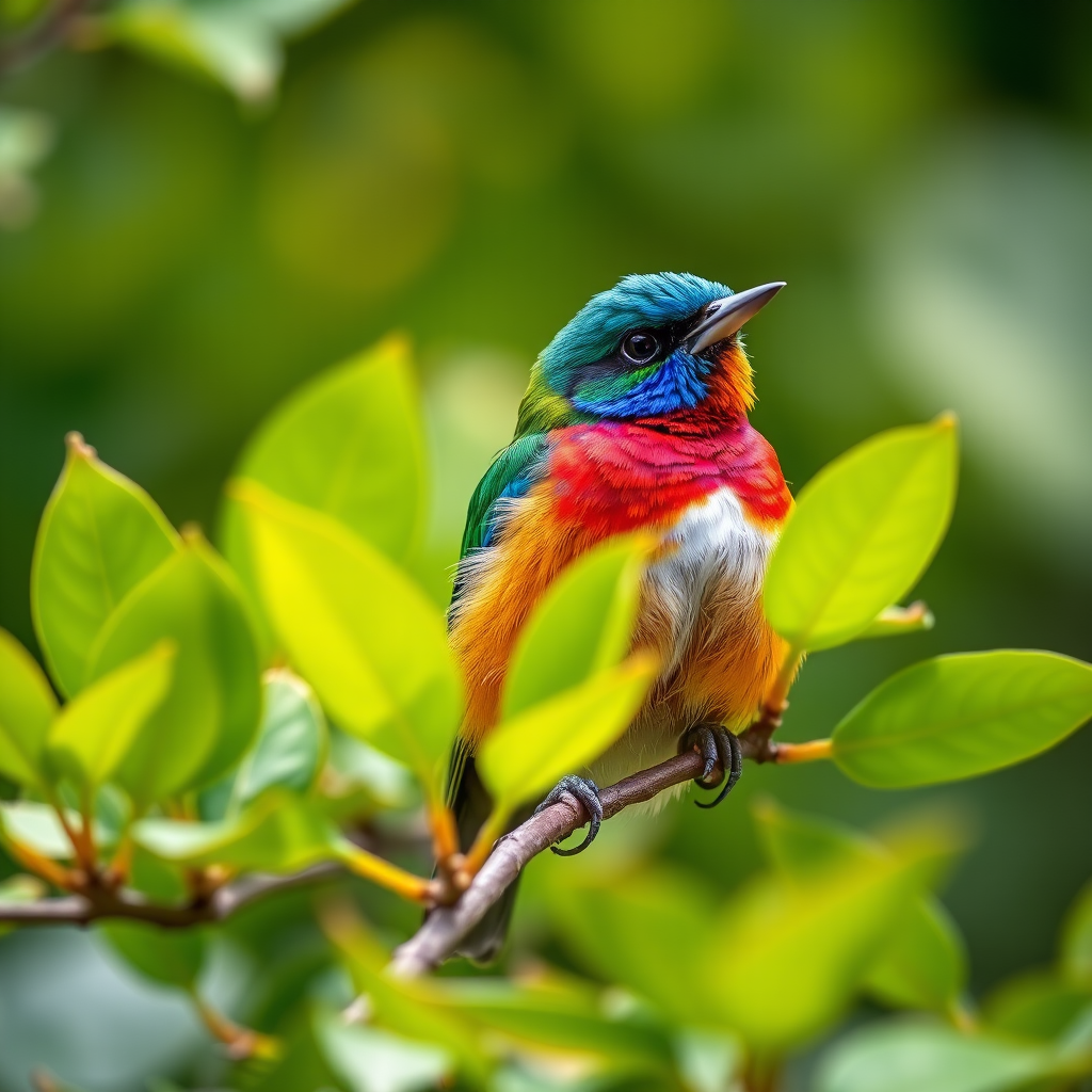 capture a close-up of a colorful bird perched on a branch surrounded by ...