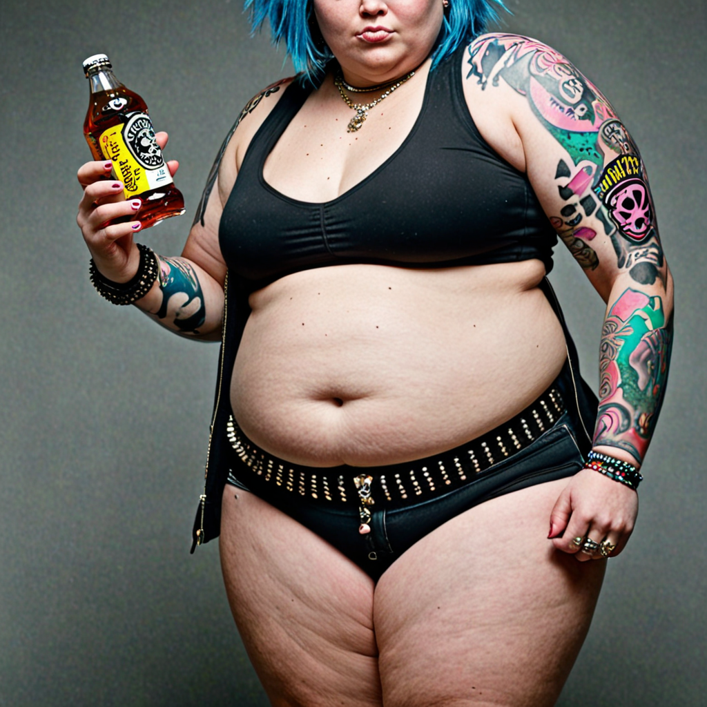 girl, punk, fat, fat belly, eating,