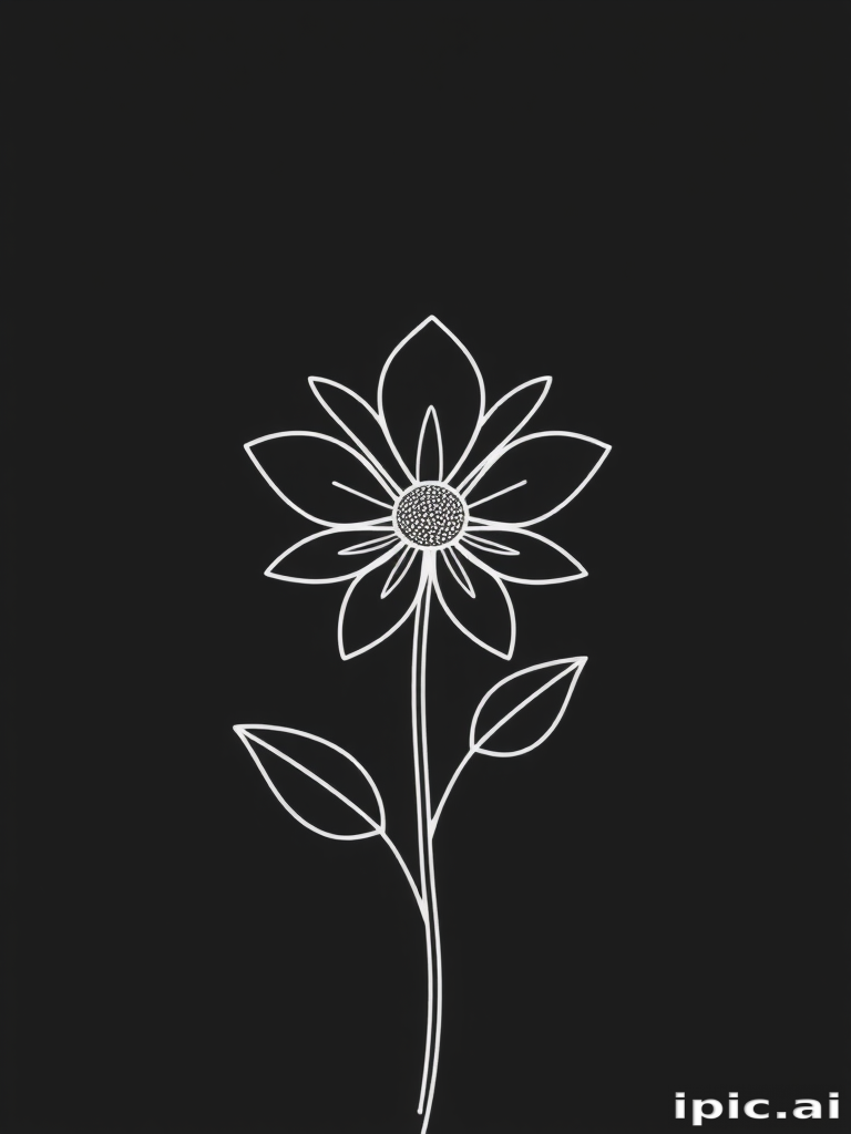 Elegant White Line Drawing of a Flower Against a Black Background