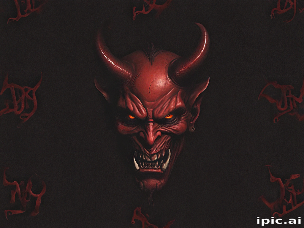 Menacing Red Demon Head with Glowing Eyes Against a Dark Background